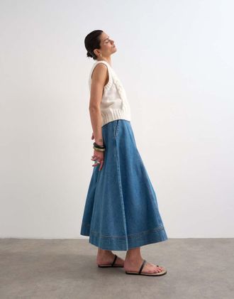 Topshop Weiter Maxi-Jeansrock in Mittelblau
