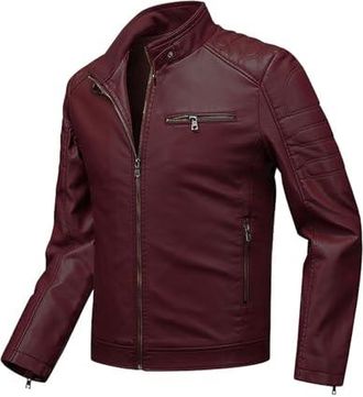 Generic Veste bomber dhiver en similicuir à manches longues et fermeture éclair intégrale pour homme, col montant vintage, bordeaux, 4XL