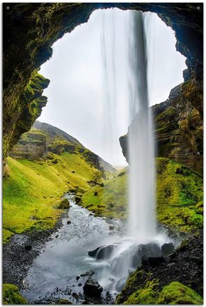 Wallario Outdoor-Poster f&uuml;r Garten oder Balkon Hinter dem Wasserfall, Motivbanner Gr&ouml;&szlig;e: ca. 60 x 90 cm, Outdoor-Bild