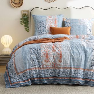 Bedsure Bettw&auml;sche 200x200 Baumwolle Bettbezug - Blau Boho Muster Bettw&auml;sche-Sets 200 x 200 cm 3teilig mit 2 Kissenbez&uuml;ge 80x80 cm, &Ouml;KO-TEX Wendebettw&auml;sche Be