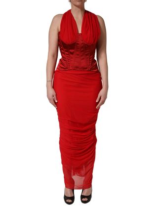 Dolce & Gabbana Womens Red Halter Corset Sleeveless Sheath Dress Nylon Acetate Elastane