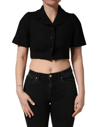 Dolce & Gabbana Womens Black Collared Short Sleeves Cropped Blouse Top