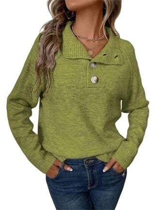 Generic Pull à col montant boutonné en tricot torsadé pour femme, pull décontracté à manches longues, pull ample tendance, Vert, XL