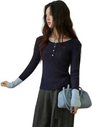 Generic QXDZSW Pull &agrave; manches longues pour femme Hiver R&eacute;tro Contraste Couleur Col rond Tricot Haut Confortable Slim Pull, Bleu saphir profond, S