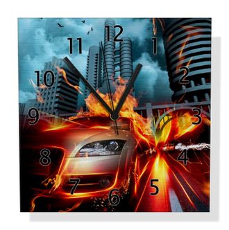 Wallario Design Wanduhr Brennendes fahrendes Auto aus Aluverbund, Alu-Uhr Gr&ouml;&szlig;e 30 x 30 cm, Schwarze Zeiger mit Metalloptik