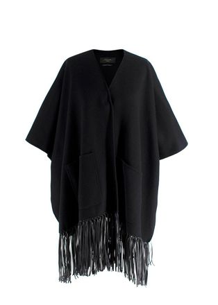 Max Mara Black Carina Fringed Kimono-Sleeve Coat Size XXS