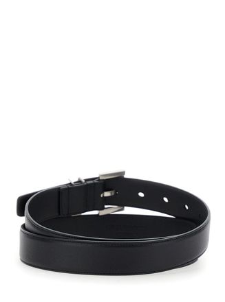 Saint Laurent Womens Belt With Cassandre Plate, Black Leather Calf