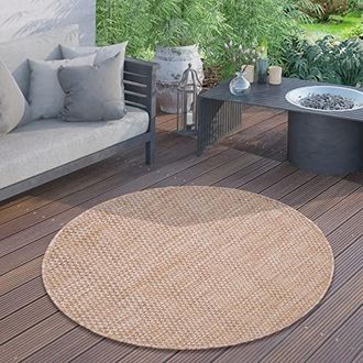 Paco Home Tapis Extérieur Rond Résistant Aux Intempéries Balcon Terrasse Tapis De Cuisine Motif Monochrome, Dimension:120 cm Rond, Couleur:Naturelle