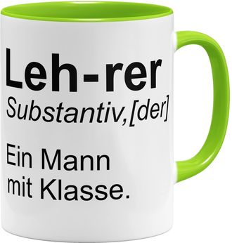 OM3 Ein Mann mit Klasse - Lehrer Tasse mit Spruch - Lehrergeschenk - Keramik Becher - 11oz 325ml - Beidseitig Bedruckt - Hellgr&uuml;n