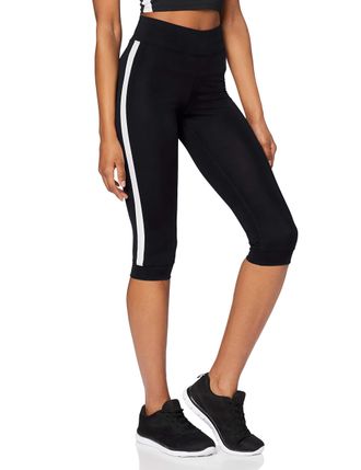 Amazon Essentials Damen Capri-Sportleggings mit Seitenstreifen, Schwarz, 36