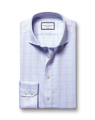 CHARLES TYRWHITT B&uuml;gelfreies Twill-Hemd mit Prince-of-Wales-Karos - Himmelblau und Rosa Knopfmanschette
