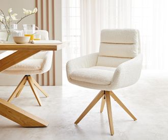 DELIFE Esszimmerstuhl Abelia-Flex mit Armlehnen Boucl&eacute; Wei&szlig; Holzgestell kantig Natur, Esszimmerst&uuml;hle
