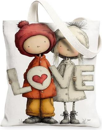 Generic Sacs fourre-tout en toile, motif couple adorable, sacs d&eacute;picerie, sacs d&eacute;picerie r&eacute;utilisables, mignons, l&eacute;gers, lavables en toile avec bandouli&egrave;re, b