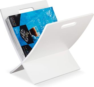 Relaxdays Zeitungsständer mit Tragegriff, Wohnzimmmer, modernes Design, Zeitschriftenständer Holz, 31 x 30 x 34 cm, weiß