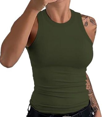 Generic Débardeur basique sans manches en coton côtelé avec dos nageur et col haut pour femme Noir, GN1., XXL