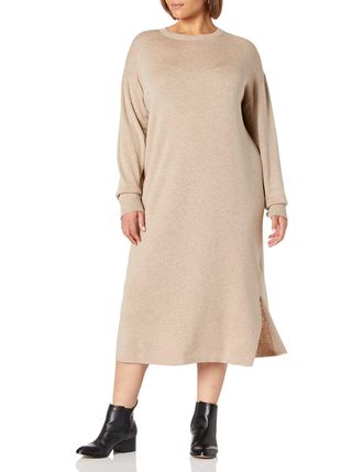 The Drop Suki Ripp-Midi-Pulloverkleid mit V-Rücken für Damen, Sand meliert, Größe S