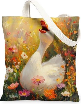 Generic Sac fourre-tout en toile Spring Goose pour le shopping, 33 x 38 cm, motif fleurs color&eacute;es, sac d&eacute;picerie r&eacute;utilisable pour femme, animal de voyage, pe