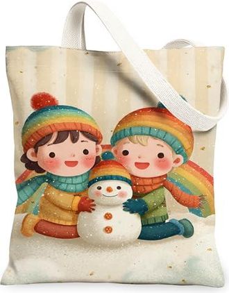 Generic Sacs fourre-tout en toile motif bonhomme de neige - R&eacute;utilisables - L&eacute;gers et lavables - Pour salle de sport, voyage, pique-nique - 33 x 38 cm