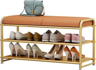 Generic Schuhbank-Sitzregal Mit 3-stufiger Aufbewahrung for Eingangsbereich, Schlafzimmer, Wohnzimmer, Flur(Orange Gold Frame,90cm)