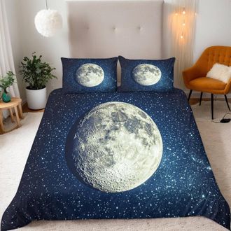 Generic Bettw&auml;sche 155x220 Mond Bettw&auml;sche Sets Mysteri&ouml;ses Kosmisches Thema Bettenset 3D Druck Weich Microfaser Bettdeckenbezug mit Rei&szlig;veschluss und 2 Kisse