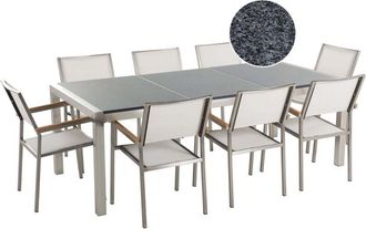 Beliani Gartenm&ouml;bel Set Grau Wei&szlig; Granit Edelstahl Tisch 220 cm Poliert 8 St&uuml;hle Terrasse Outdoor Modern