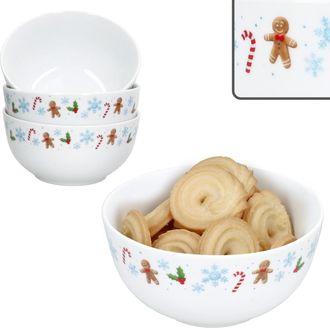 MamboCat Candyman 4er Set Geb&auml;ckschalen &Oslash; 14 cm I 420 ml Porzellan-Schalen mit Lebkuchenmann, Zuckerstangen & eisblauen Schneeflocken I f&uuml;r Geb&auml;ck, Kekse & Sna