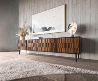 DELIFE Lowboard Kallam 200 cm Sheesham Walnu&szlig; Mango Schwarz Metall Schwarz 4 T&uuml;ren, Fernsehtische