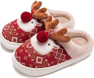 Generic Pantoufles fantaisie pour femme - Motif cerf de Noël - Bout fermé - Fond plat - Chaudes et confortables - En peluche - Confortables, 02 Rouge, 39 EU