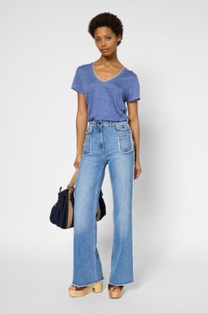 Gerard Darel T-shirt en lin et col V argent&eacute; - GILBERTE - Bleu ocean