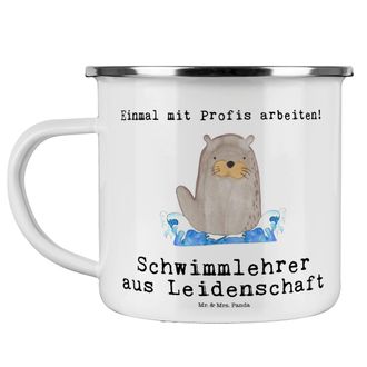Mr. & Mrs. Panda Camping Emaille Tasse Schwimmlehrer Leidenschaft - Geschenk, Schwimmkurs, Campingbecher, Schwimmverein, Metall Tasse, Leben retten