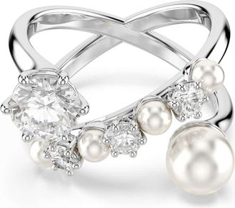 Swarovski Matrix Cocktailring, Weißer, Rhodinierter Ring mit Kristallperlen Zirkonia im Rundschliff in diagonaler Anordnung, Elegant Schimmerndes und Offenes De