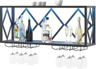 Costway GOPLUS Porte-Bouteilles Mural avec Lumi&egrave;re LED, &Eacute;tag&egrave;re de Rangement pour Vin de 16 Couleurs, 6 Porte-Verres, Capacit&eacute; pour 39 Bouteilles et 12 Verres