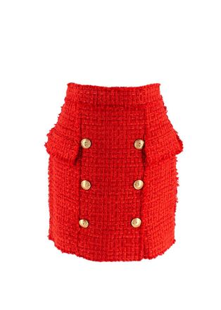 Balmain Red Tweed Mini Skirt with Gold Button Detail Size S