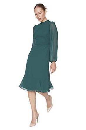 Trendyol Robe Droite midi &agrave; Manches Longues pour Femme, Vert, 52