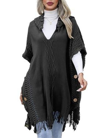 Generic Poncho &agrave; capuche d&eacute;contract&eacute; en tricot &agrave; franges pour femme, coupe d&eacute;contract&eacute;e, cape &agrave; manches chauve-souris, kaki, taille M pour un usage quotidien,