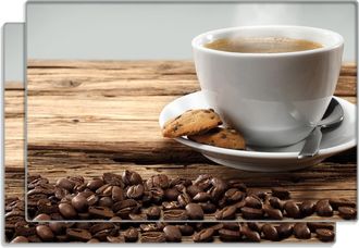 Wallario 2er Set Fr&uuml;hst&uuml;cksbrettchen aus Glas, Glasunterlage, Glasbrettchen Hei&szlig;e Tasse Kaffee mit Kaffeebohnen, Gr&ouml;&szlig;e 30 x 20 cm, Sicherheitsglas