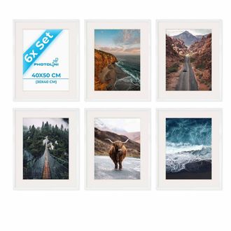 Photolini Bilderrahmen 40x50 wei&szlig; Holz MDF, 6er Set Bilderrahmen 50x40 wei&szlig; mit Passepartout, bruchsicheres Acrylglas, Rahmen 40x50 zum Aufh&auml;ngen mit Zubeh&ouml;r - 