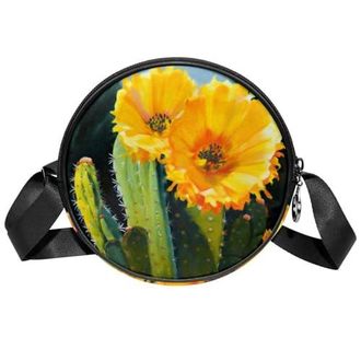 Generic Petit sac &agrave; bandouli&egrave;re rond pour femme, motif fleurs de cactus avec fermeture &eacute;clair, bretelles r&eacute;glables, sac &agrave; main rond d&eacute;contract&eacute; pour femmes et