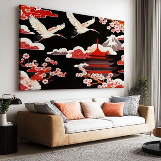 Generic Leinwand Bilder Japanische Kirschbl&uuml;te V&ouml;gel, 140 x 70 cm Leinwandbilder - Bild auf leinwand - Wandbild XXL gro&szlig; Wandbilder f&uuml;r Wohnzimmer Schlafzimme