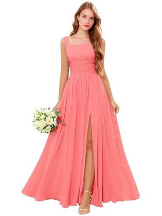 Generic Robe de demoiselle dhonneur en mousseline de soie plissée à col carré avec poches pour femme - Robe de soirée formelle trapèze avec fente, corail, 58 