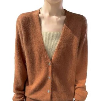 Generic Cardigan en cachemire pour femme 100 % vison - Veste ample - Col en V - Manches longues, Couleur camel rouge, Taille XL