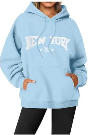 Generic Sweat &agrave; capuche &agrave; manches longues avec poches pour femme, bleu clair, XXL