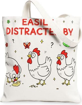 Generic Sacs fourre-tout en toile motif poulet ludique, mignon motif animal de la ferme, sacs d&eacute;picerie r&eacute;utilisables, l&eacute;gers et lavables avec bandouli&egrave;re, bl