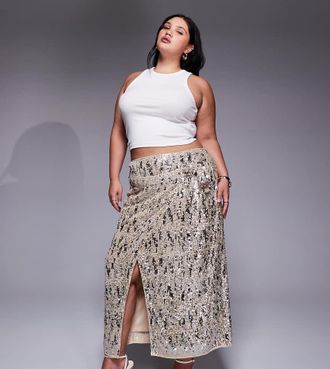 Asos Curve ASOS DESIGN Curve - Jupe portefeuille mi-longue &agrave; sequins vari&eacute;s - Champagne-Dor&eacute;