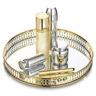 Nuptio Plateau Parfum Miroir Dor&eacute;: Plateaux Table D&eacute;coratifs Organisateur Vanit&eacute; Verre Plateau Maquillage Vintage Miroir Rond M&eacute;tal Bijoux Servir Chambre Sal