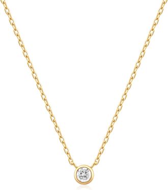 Ania Haie Damen Halskette SUNSHINE CHASER Round Solitaire aus 925 Sterling Silber 14k vergoldet, verziert mit einem Zirkonia, Länge: 40 cm + 5 cm Verlängerung, 