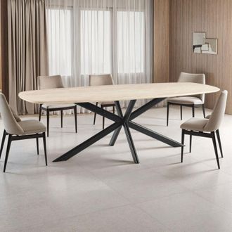 M&S Collection Table &agrave; manger 200x100x76 cm en bois effet travertin et pied en m&eacute;tal
