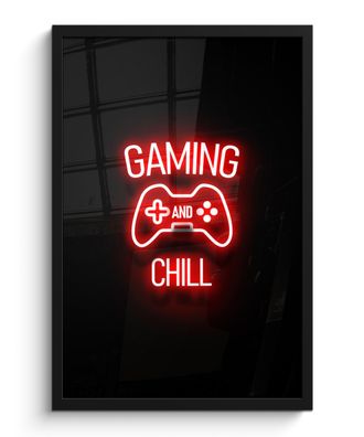 MuchoWow &copy; Wandbilder mit Rahmen 40x60 cm Wanddeko Bilder Wohnzimmer Moderne Zimmerdeko Geschenk Bilderrahmen Spr&uuml;che - Gaming und Chillen - Neon - Rot