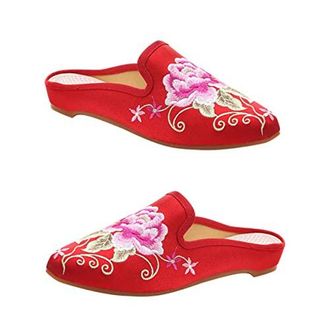 Garneck Pantoufles Maison Brodées Ethniques Rouges Chaussures Femme Confortables et Légères à Bout Fin pour Intérieur Style Décontracté et Élégant