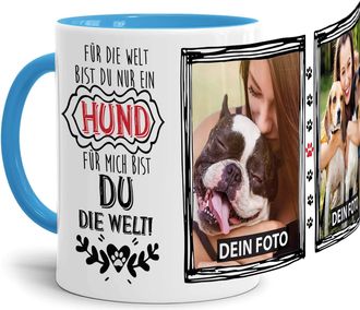 Tassendruck Fototasse mit Spruch - Mein Hund, Meine Welt - zum Selbst gestalten mit 2 Fotos für Hundebesitzer, Innen & Henkel Hellblau, 300 ml